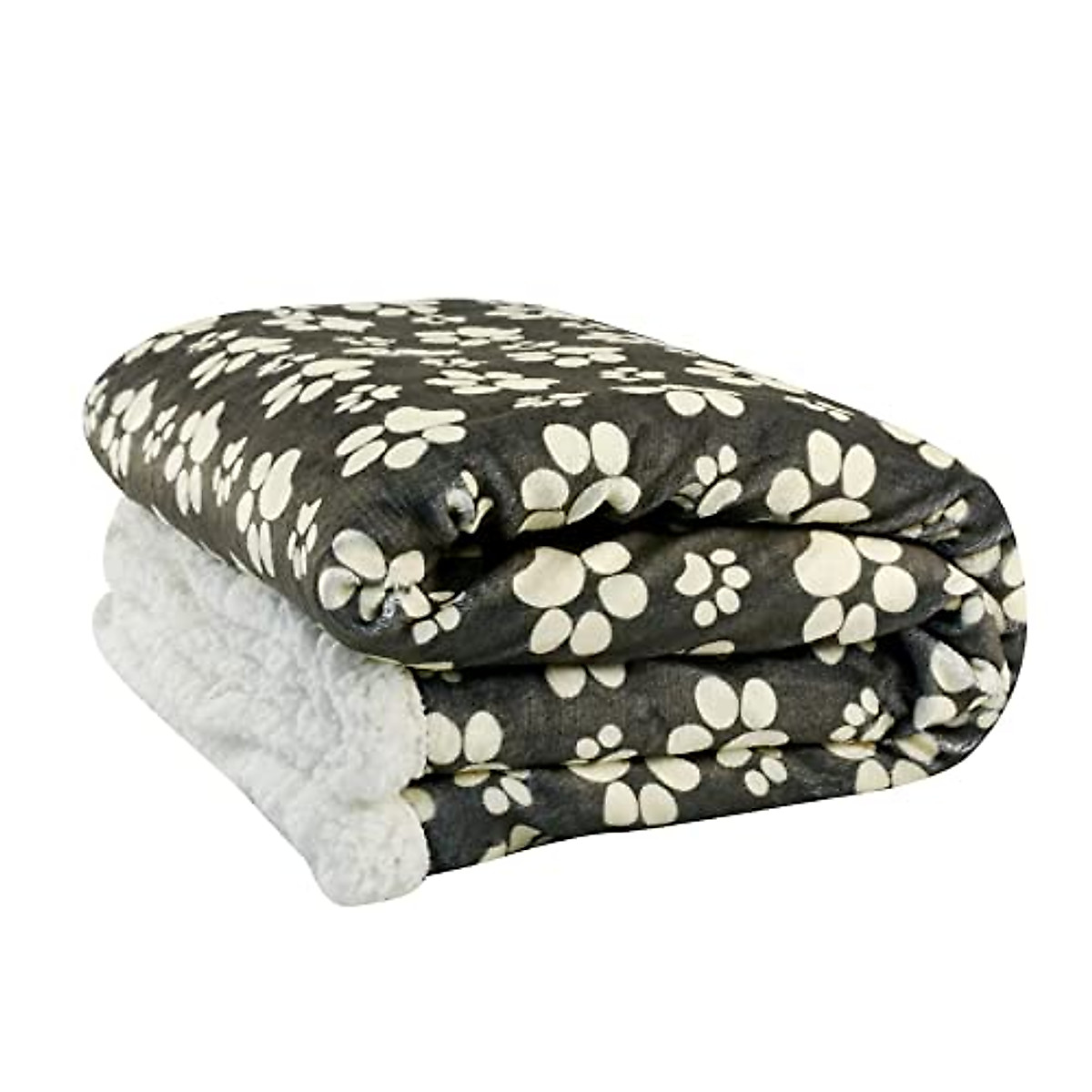 Longrich Flannel Paw Print & Ultra Soft Sherpa Throw Blanket, 50" W X 60" W, Grey with Brown Paw Print