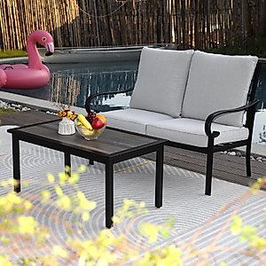 MEOOEM Patio Sofa Conversation Furniture Outdoor Loveseat with Table, Metal Frame with Gray Cushions for Porch Balcony Deck