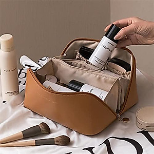KIMBURG Large Capacity Travel Makeup Bag Portable Travel Cosmetic Bag for Women,Makeup Organizer Storage Cases Toiletry Bag Waterproof Bathroom Bag for Girls With Handle and Divider(Brown)