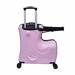 Kids Luggage with Wheels and Ride-On Feature- Portable Children's Travel Thickening Trolley Suitcase - Aluminum Alloy Drawbar - 110lb Load Bearing - for Toddlers and Kids Aged 2-6 Years (Pink)
