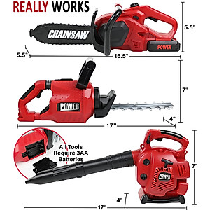 TeganPlay Power Garden Tools Set for Kids Battery Operated Toy Leaf Blower, Hedge Trimmer and Chainsaw Pretend Play for Boys Girls