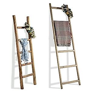 FUIN 6ft & 5ft Wood Decorative Wall Leaning Blanket Ladders Bathroom Storage Quilt Towel Display Rack Shelf Holder Rustic Farmhouse, Brown