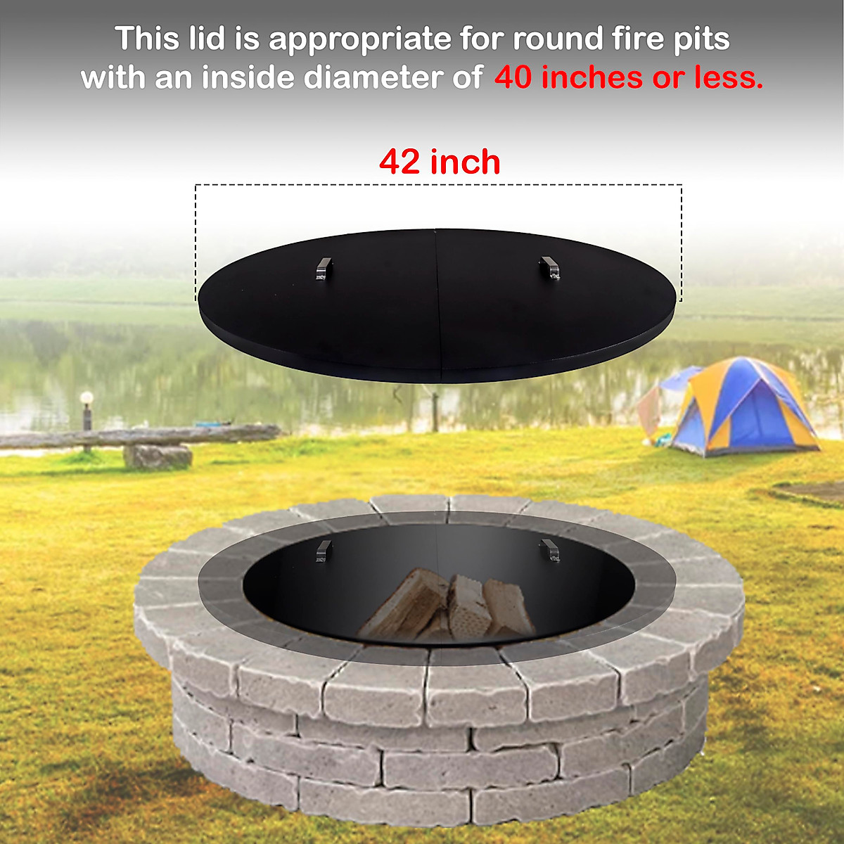 Simond Store Portable Fire Pit Cover Round, 42” inch Diameter Snuffer Lid Ring Steel, Fire Pit Pan Lid- 2 mm Thickness, with Handle