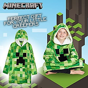 Minecraft Fleece Hoodie Blanket for Kids and Teenagers One Size Kids Fleece Poncho with Sherpa-Lined Hood Gifts for Gamers (Light Green)
