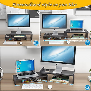 hodiczk Dual Monitor Stand Riser with Adjustable Length and Angle, Double Monitor Riser, Wood Desktop Storage Rack Organizer for Home Office living room, Black