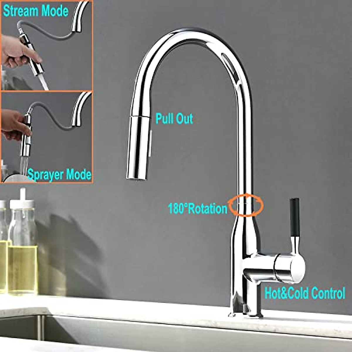 Leekayer Pull Out Kitchen Faucet with Sprayer Chrome Finish Kitchen Mixer Tap Single Lever One Hole Mount 2 Water Flow Type