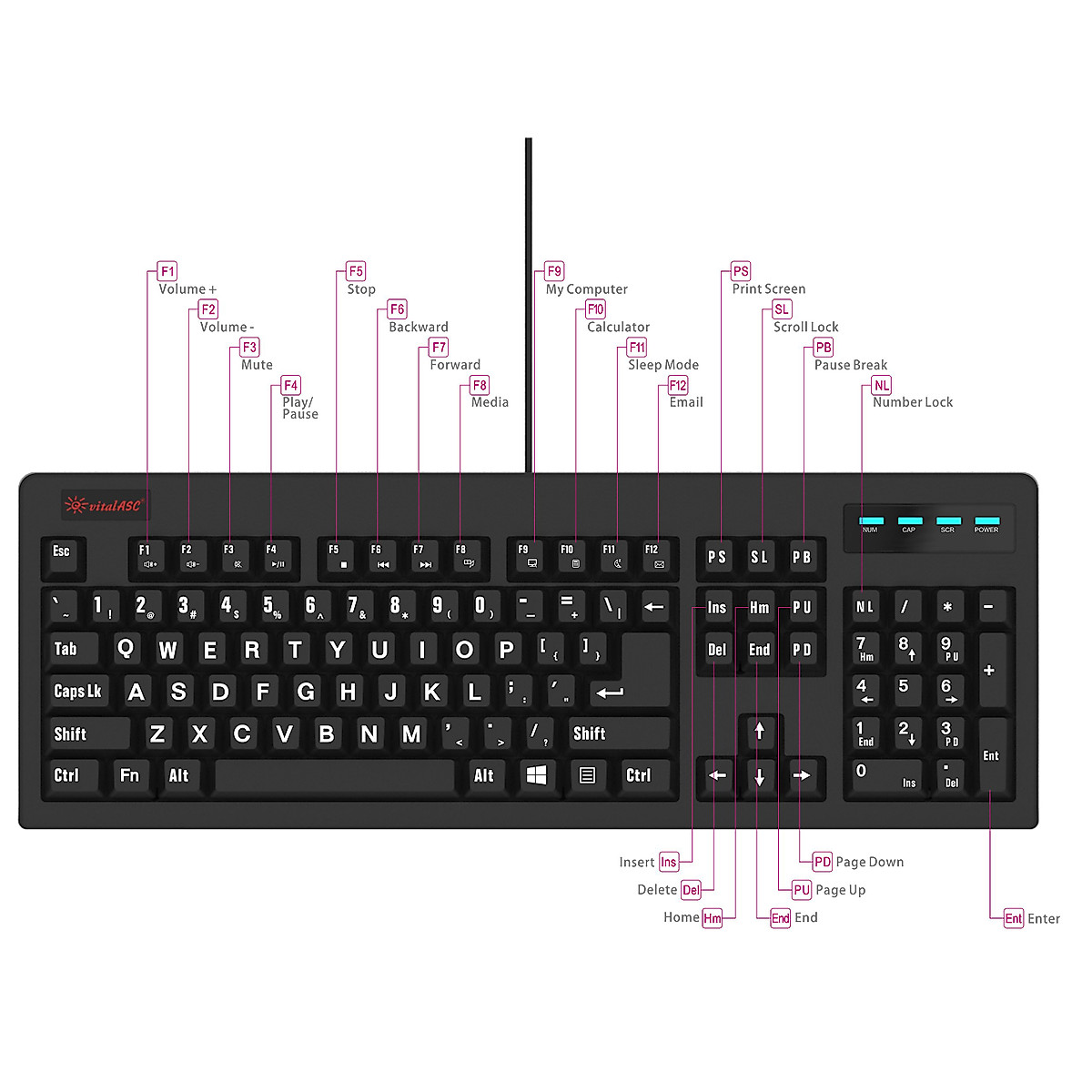 vitalASC New 104-Key Large Print USB Wired 7ft, Spill-Resistant, Sleek Black, Durable Keyboard for Laptop, Mac, TV, and Computer (Black)