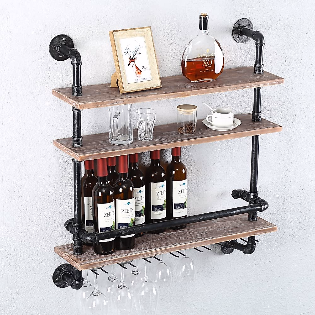 Industrial Hanging Wine Glass Rack Wall Mounted,30in Pipe Shelf Wine Rack with 7 Glass Holder,Rustic Wine Glass Holder Stemware Racks,Pipe Shelving Wood Shelves Floating Wine Glass Shelf