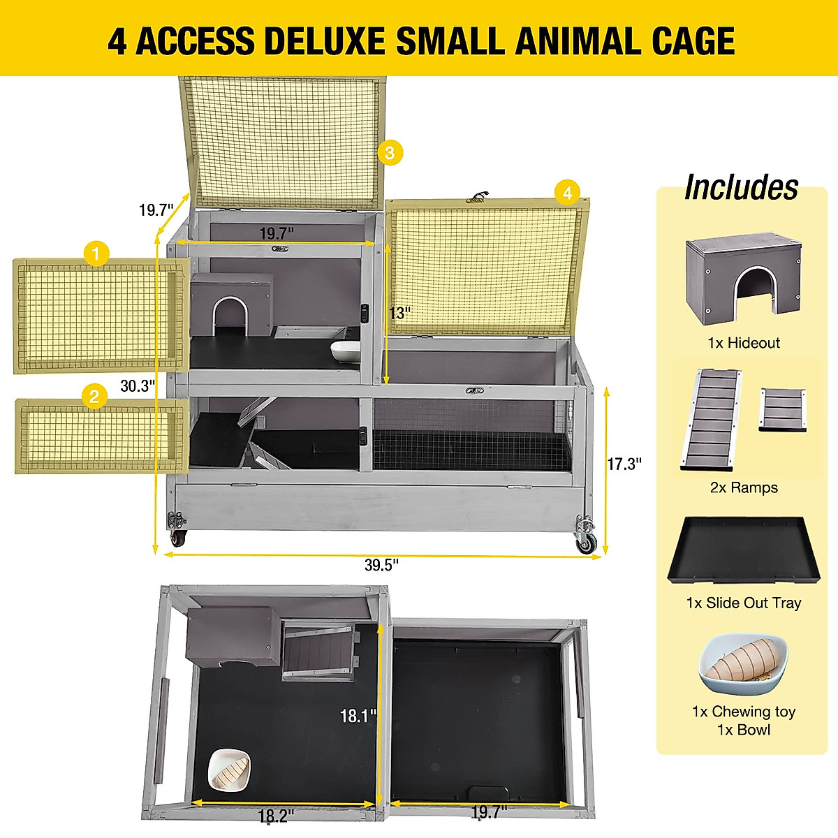 Aivituvin Guinea Pig Cage 2 Levels Wooden Rabbit Hutch with 2.36”Deeper Anti-Chewing Pull Out Tray Rat Cage with Hideout,Aluminium Alloy Edge…