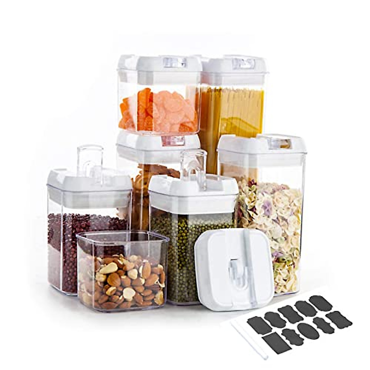 Modern-Depo Food Storage Container 7PCS Airtight Kitchen Plastic Canister with Lid for Flour, Cereal, Sugar, Pantry Organization, BPA Free, Labels and Marker Included, White