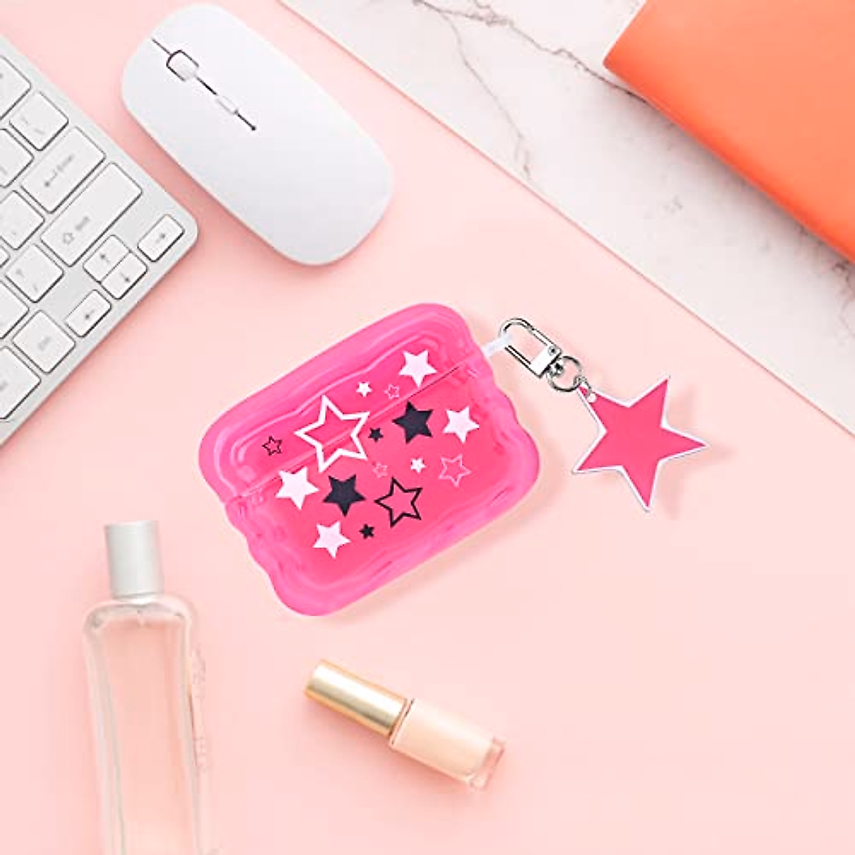 Mainrenka Cute Kawaii AirPod Pro Case Pink Stars Aesthetic Design with Keychain for Girls and Women