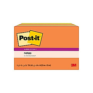 Post-it Super Sticky Notes,6x4 in, 8 Pads, 2x the Sticking Power, Energy Boost Collection, Recyclable (622-8SSMIA) , 1 7/8" x 1 7/8" , Assorted