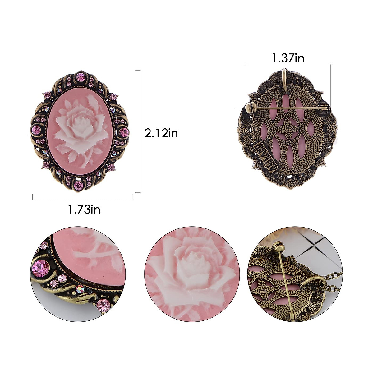 Alilang Vintage Inspired Antique Reproduct Rose Pink Crystal Flower Cameo Pin Brooch, Rose Pink