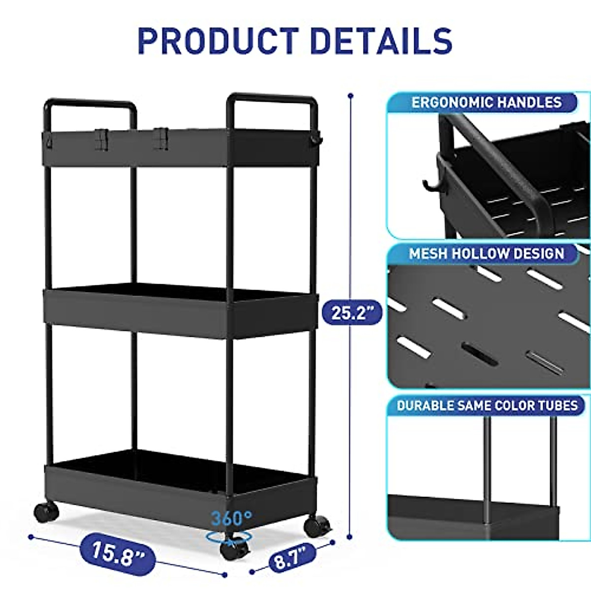 Ronlap Slim Storage Cart, 3 Tier Utility Rolling Cart with Wheels Lash Cart Organizer Small Slide Out Mobile Storage Cart with Hanging Cup Divider for Bathroom Laundry Room Kitchen Narrow Place, Black