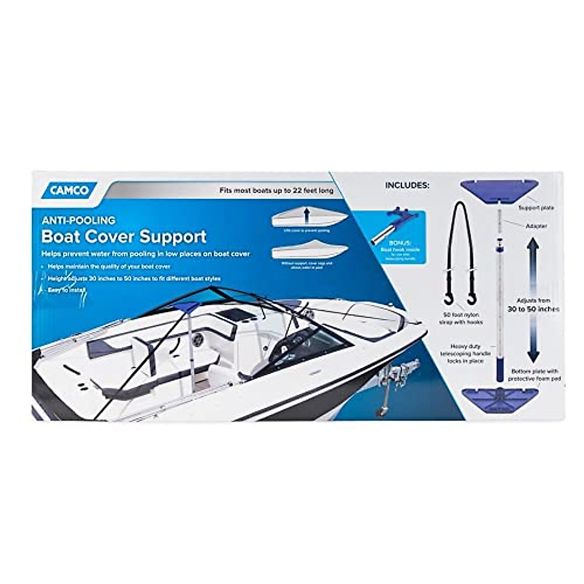 Camco Boat Cover Support Kit | Features an Easy-to-Use Telescoping Design, an Adjustable Height from 30-Inches to 50-Inches, and 50-Foot Nylon Strap Assembly (41970)