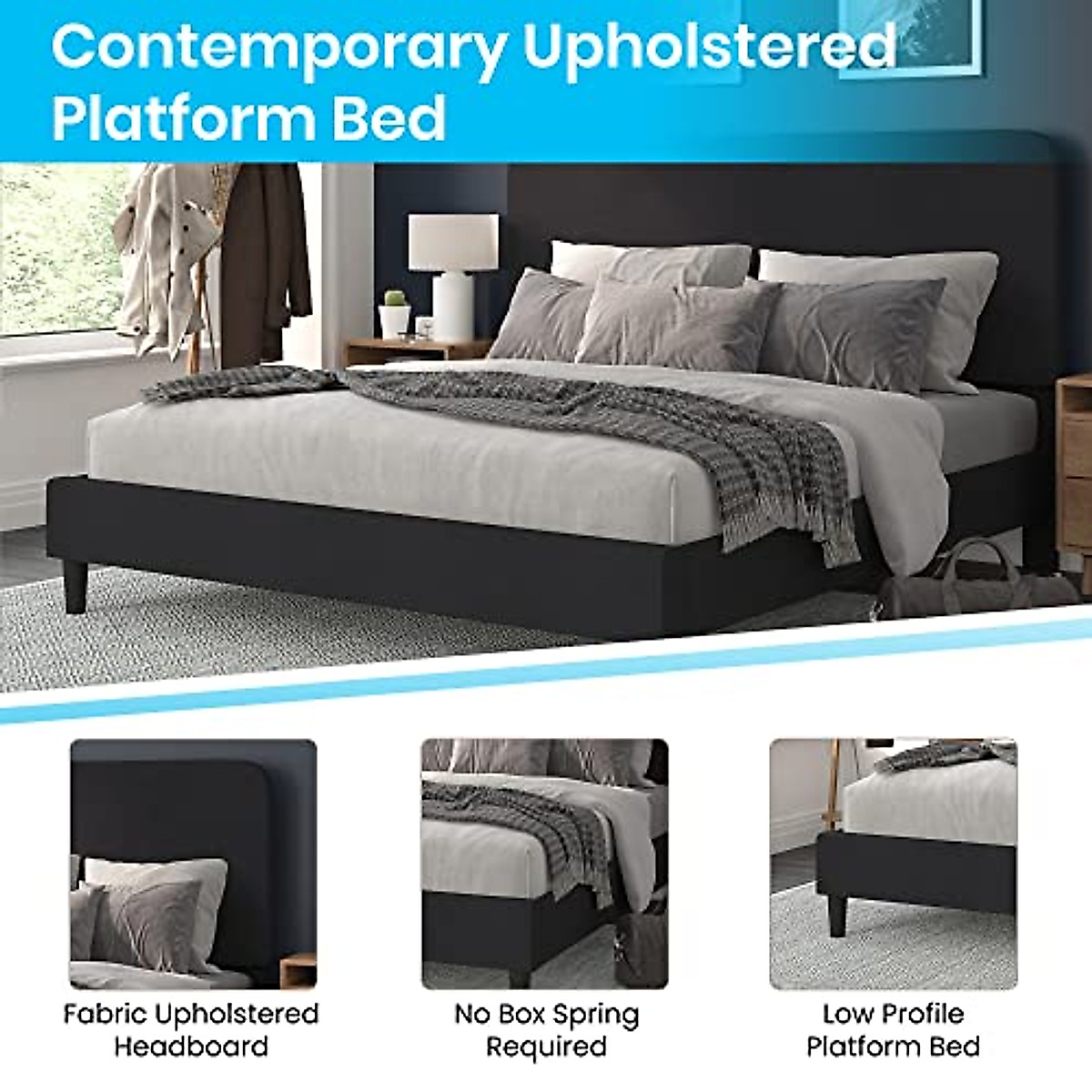 Flash Furniture Addison Platform Bed - Charcoal Fabric Upholstery - King - Headboard with Rounded Edges - Wood Slat Support - No Box Spring or Foundation Needed