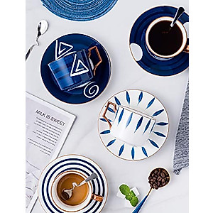 Jusalpha Japanese style hand printed- 7oz Fine China Tea Cup/Coffee Cup With Spoon and Tray/Saucer Set, Tableware, Serve of 4, TCS25