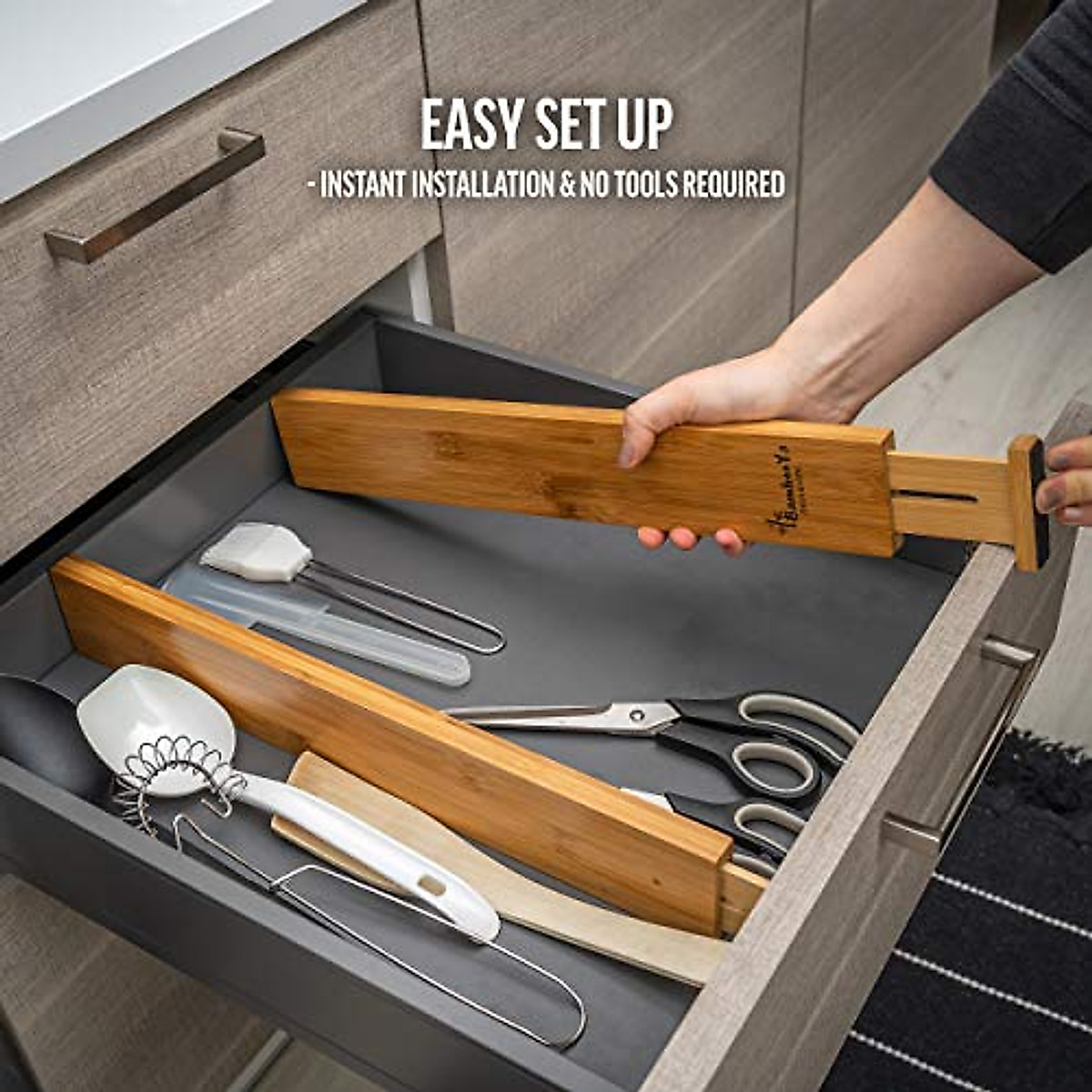 BambooYa Adjustable Premium Bamboo Drawer Divider Organizers | Expandable Spring-Loaded Drawer Separators | Best for Bathroom, Kitchen, Office, Dresser, and Bedroom | (4 Pack, Fully Closed 17.5in" - Fully Open 22.2"in) Made for larger drawers