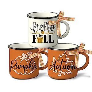Paayna Hello Fall Mini Coffee Mug Set of 3, Autumn Pumpkin Maple Leaf Mini Coffee Cups for Tiered Tray Decor, Farmhouse Kitchen Coffee Bar Decorations Centerpieces Thanksgiving Housewarming Gift