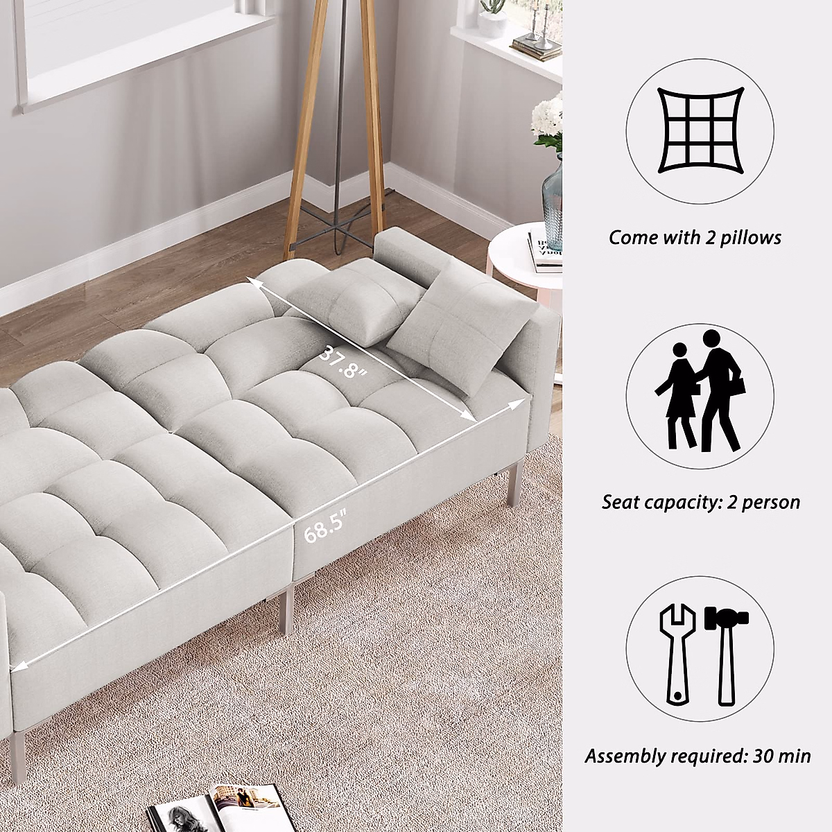 DEEF Linen Upholstered Modern Convertible Folding Futon Sofa Bed for Compact Living Space Apartment Dorm,Two Seat,White