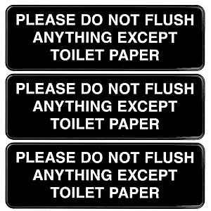 Excello Global Products Please Do Not Flush Anything Except Toilet Paper Sign: Easy to Mount Informative Plastic Sign with Symbols 9"x3", Pack of 3 (Black)