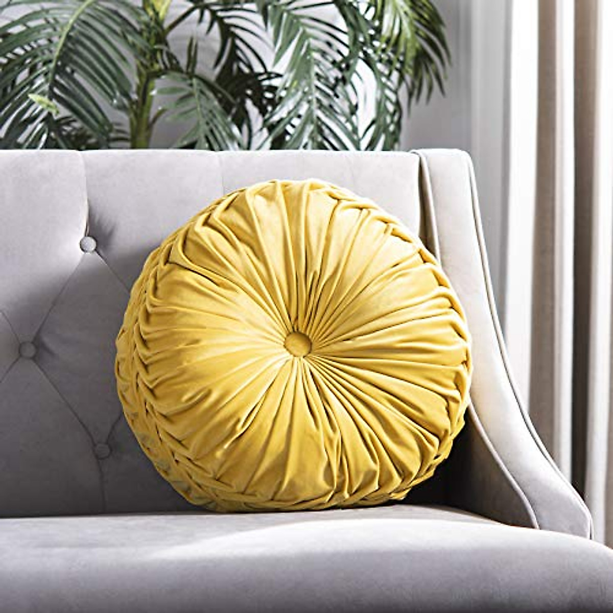 Safavieh Home Leila Mustard Round Button Tufted Decorative Pillow Pillow, 19"x19"