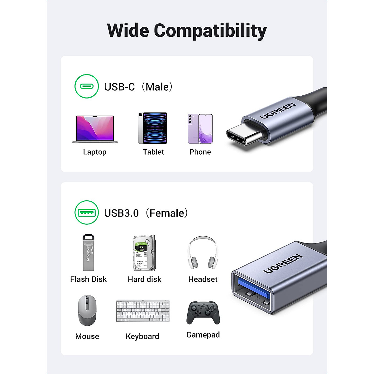 UGREEN USB C to USB 3.1 Gen 1 Adapter Type C OTG Cable USB C Male to USB Female Adapter USB A to USB C Charger Cable Compatible with MacBook Pro MacBook Air/Mini iPad Pro iPhone 13 Pro Samsung Galaxy