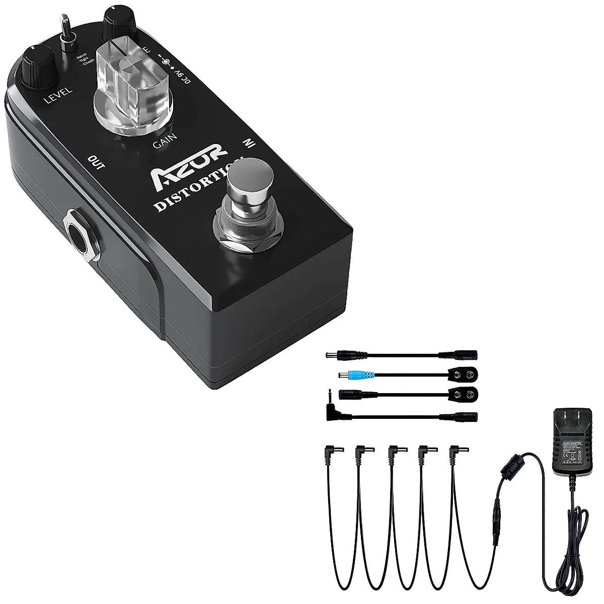 AZOR Pedal Power Adapter with Distortion Guitar Pedal Effect 3 Modes Natural, Tight, Classic with True Bypass Black AP-302