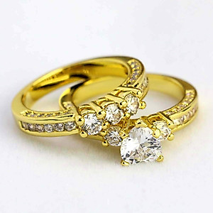 2 Rings His and Hers Couple Rings Bridal Sets Yellow Gold Filled Heart Cz Womens Wedding Ring Sets Man Wedding Bands