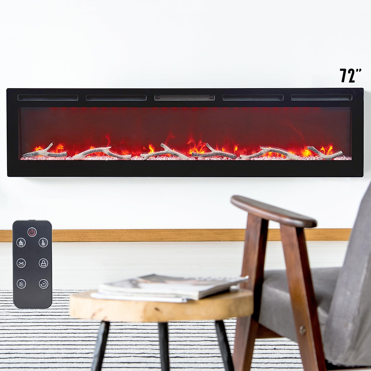 72 Inch Recessed and Wall Mounted Electric Fireplace, Fireplace Heater, Touch Screen, Remote Control with Timer, Adjustable Flame Color and Temperature 72"x18"x4.3"