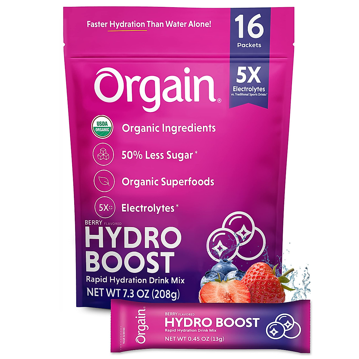 Orgain Organic Hydration Packets, Electrolytes Powder - Berry Hydro Boost with Superfoods, Gluten-Free, Soy Free, Vegan, Non GMO, Less Sugar than Sports Drinks, Travel Packets, 16 Count