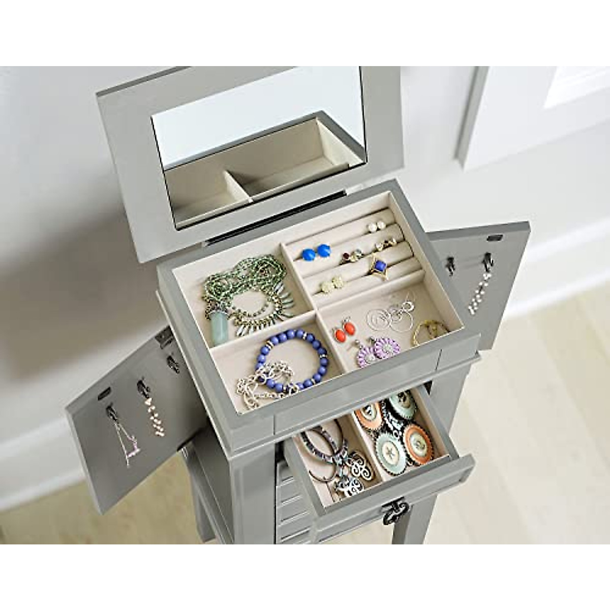 Hives and Honey Meg Jewelry Armoire - Modern Wood Storage Organizer with Necklace Hooks, 5 Drawers, and Vanity Mirror, Grey