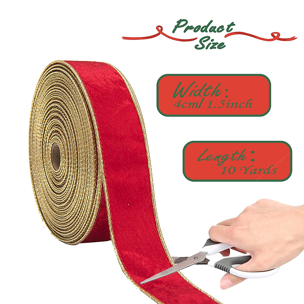 1.5Inch X 10 Yards Christmas Velvet Ribbon,1.5" Wide Wired Ribbon for Christmas Crafts Decoration, Wrapping (Red, 1.5"-10 Yard)
