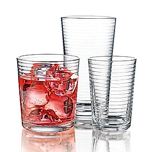 Set Of 18 Drinking Glasses, Includes 6-17 Oz. Highball Glasses, 6-13 Oz. Rock Glasses, 6-7 Oz. Juice Glasses, Ribbed Glasses, For Cocktail, Water, Juice. Dishwasher Safe