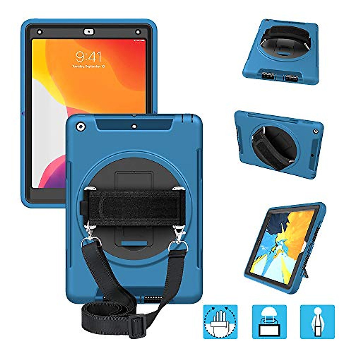 iPad Air (Air 1) Case Heavy Duty 9.7 with Screen Protector - Hand Strap,Shoulder Strap, Hardback, 360 Rotatable Kickstand, Shockproof - A1474 A1475 MD785LL/A (Blue)