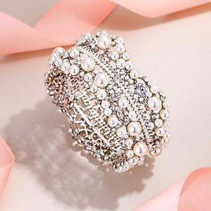 EVER FAITH Austrian Crystal Simulated Pearl Bridal Flower Stretch Bracelet Clear Silver-Tone