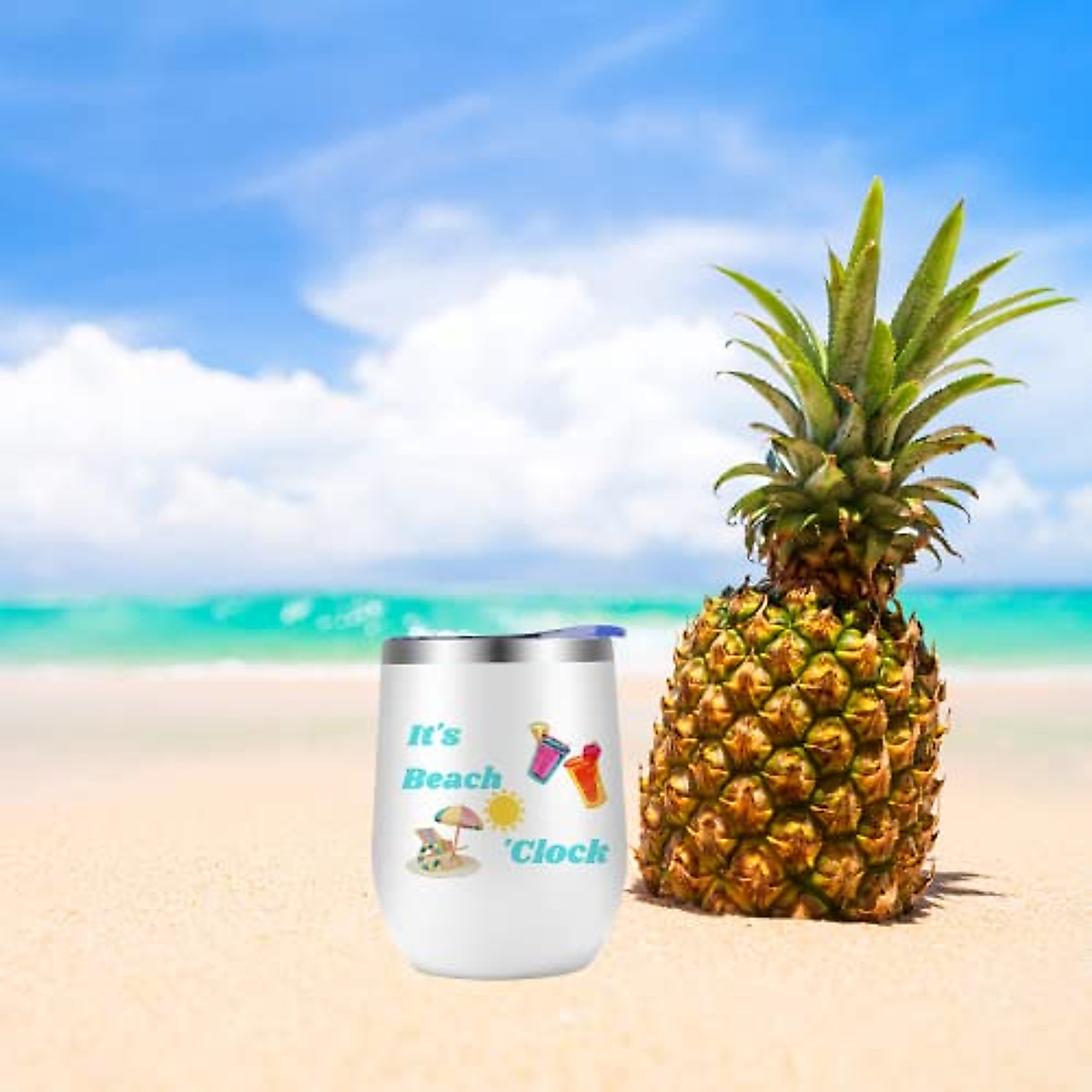 Lovely shape, White, It's Beach O 'Clock 3D UV Color Printing, Beach Accesories, Wine Tumbler Double Wall Stainless Steel Insulated 12oz, Durable Coffee Mug, Cocktail, Beer, Office (white)