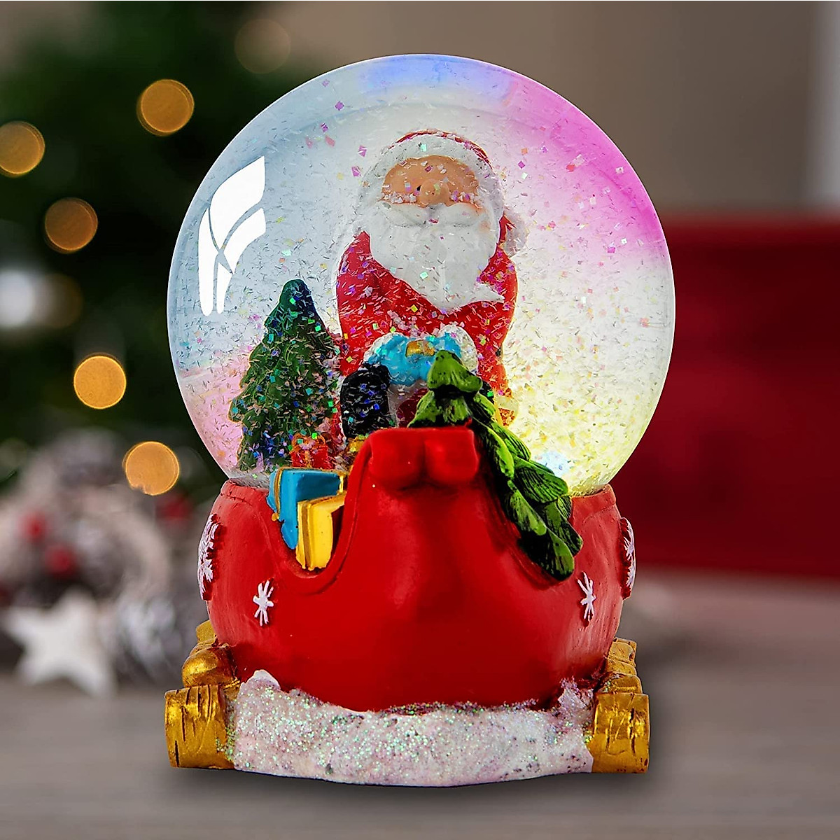 Celebright Christmas Musical Snow Globe - Plays 8 Songs Including Jingle Bells & Lights Up with Changing LED Colours - Large 14cm (Santa on a Sleigh Base)