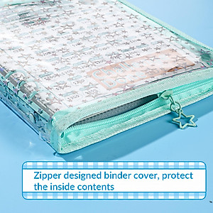 NEWEST A5 Budget Binder Cover with Zipper for Cash Budget System, Glitter Stars A5 6 Ring Binder Planner, Clear PVC Refillable Notebook Shell for Journal Albums Diary School Office Supplies, Purple