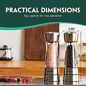 KucheCraft Pepper Grinder - Easy Grip Pepper Mill Grinder or Salt Grinder Refillable - Stainless Steel Peppercorn Grinder with Upgraded Grinding Precision