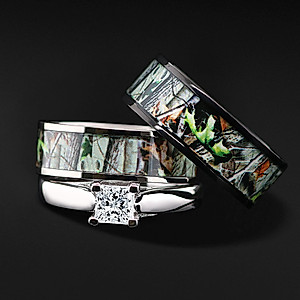 Camo Wedding Rings Set His and Hers 3 Rings Set, Stainless Steel and Titanium (Size His 08, Hers 09)