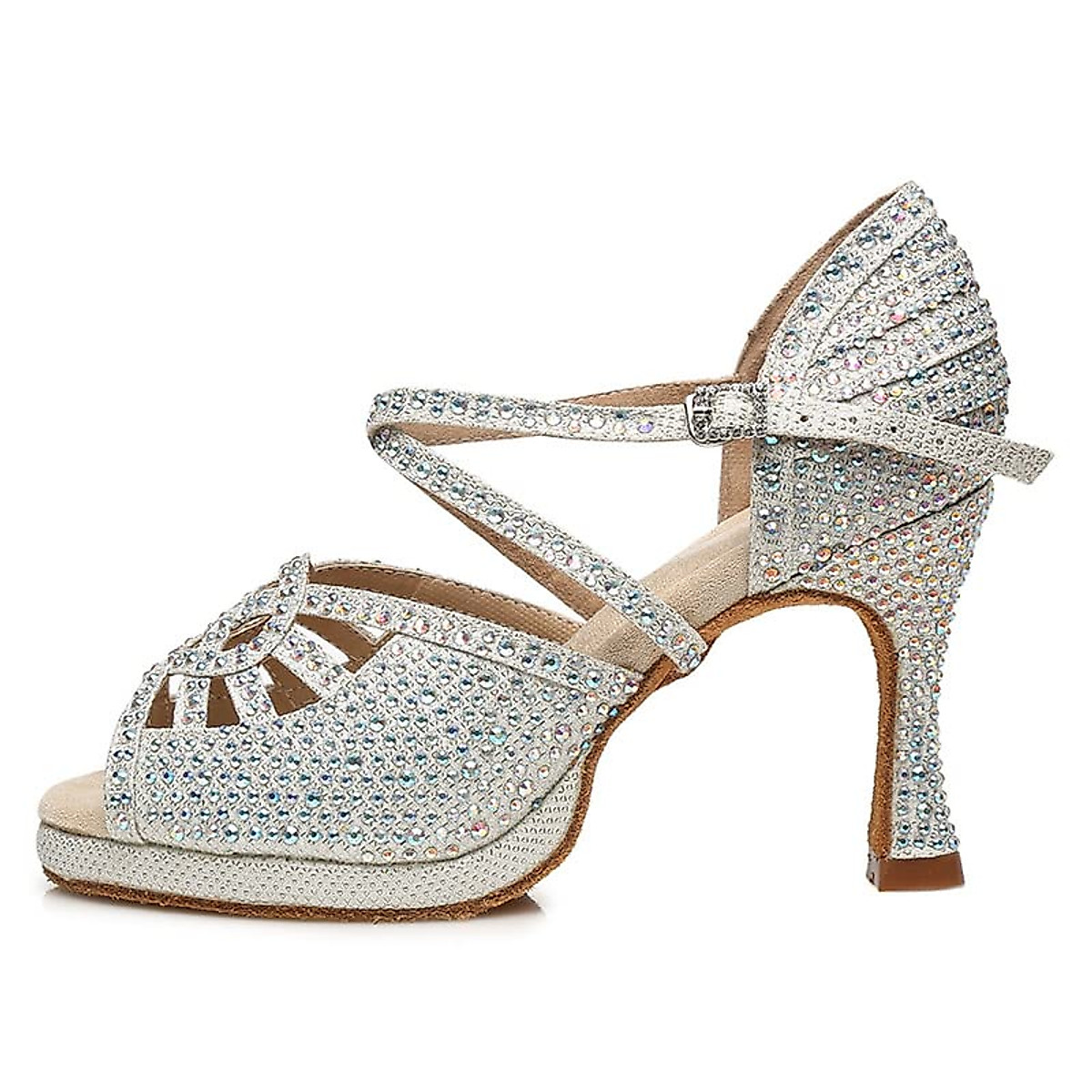 AOQUNFS Rhinestones Latin Dance Shoes Salsa Ballroom Practice Perfermence Dance Shoes for Women, Silver-L458-7.5,US7