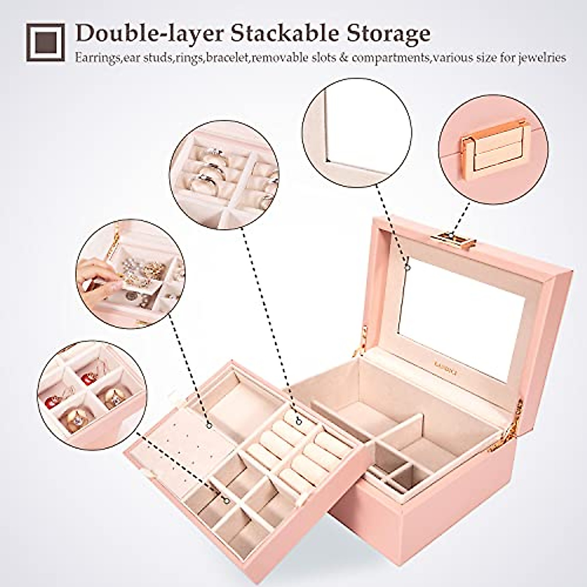 LANDICI Jewelry Organizer Box for Women Teen Girls,Large Jewelry Storage Case with Mirror,2 Layer Removable Stackable Tray,Leather Jewellery Display Holder for Ring Necklace Earring Bracelets,Pink