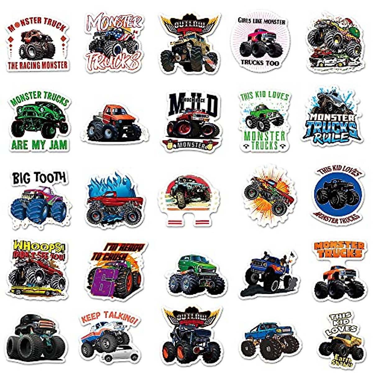 DULEFUN 50PCS Monster Truck Stickers, Truck Car Stickers for kids, Car Stickers Waterproof for Water Bottles Skateboard Car Bike Phone Case Laptop Suitcase, Monster Truck Gifts for Girls Boys Party Gifts, Monster Truck Party Favors