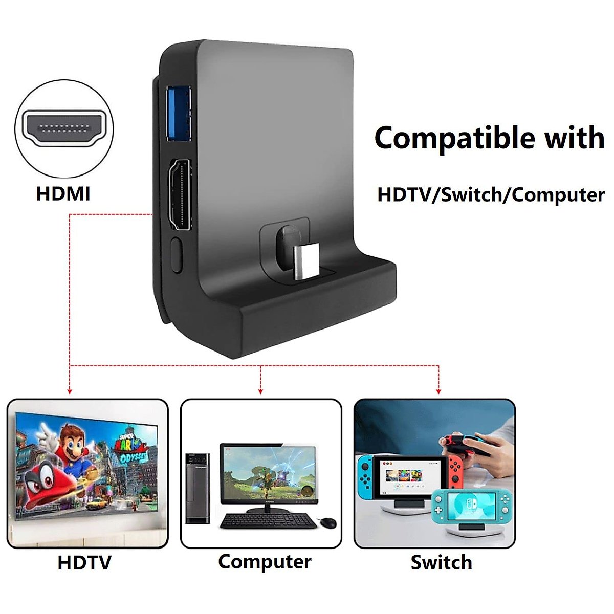 Switch TV Docking Station for Nintendo,Switch OLED Dock, Portable Adjustable Charging Dock 4K HDMI USB 3.0 Port Replacement with USB C Charging Cable for Official Nintendo Switch and Newest OLED Model