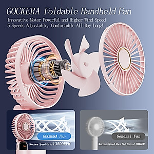 GOCKERA Portable Fan, 4200mAh Battery Operated Fan, 5 Speeds&Digital Display, 180° Foldable Makeup Fan for Women with Base, Handheld/Neck/Desk 3in1 Fan for Outdoor Indoor,Ultra Quiet (Pink)