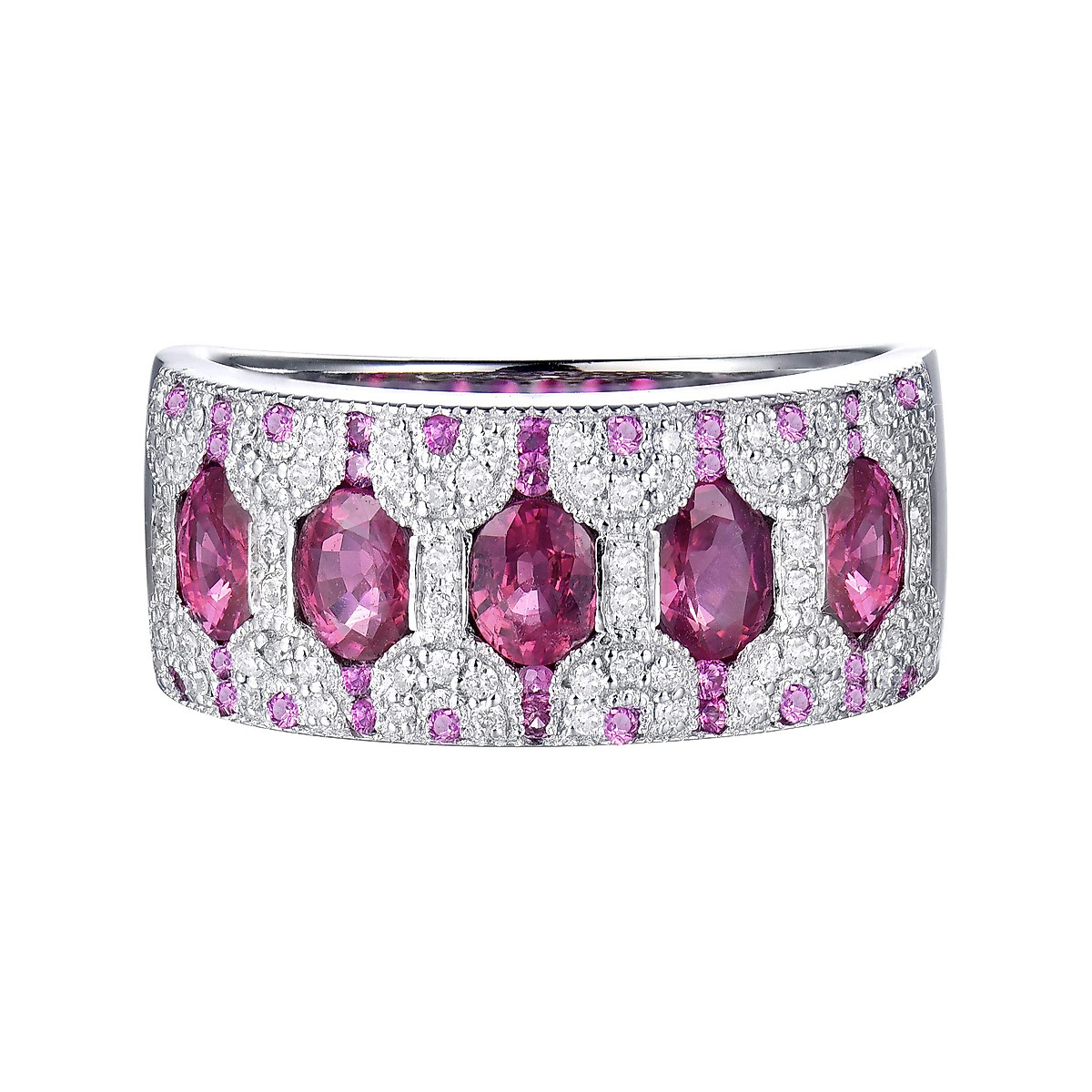 Lanmi 14K White Gold Pink Sapphire Engagement Diamonds Ring Wedding Band for Women