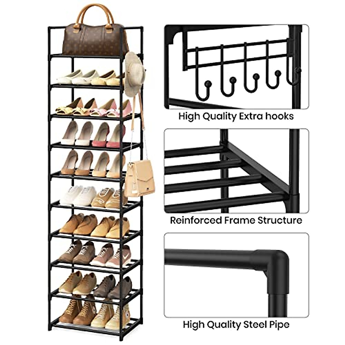 WEXCISE Narrow Shoe Rack 10 Tiers Tall Shoe Rack for Entryway 20-24 Pairs Shoe and Boots Organizer Storage Shelf Space Saving Large Shoe Tower Durable Black Metal Stackable Shoe Cabinet with Hooks