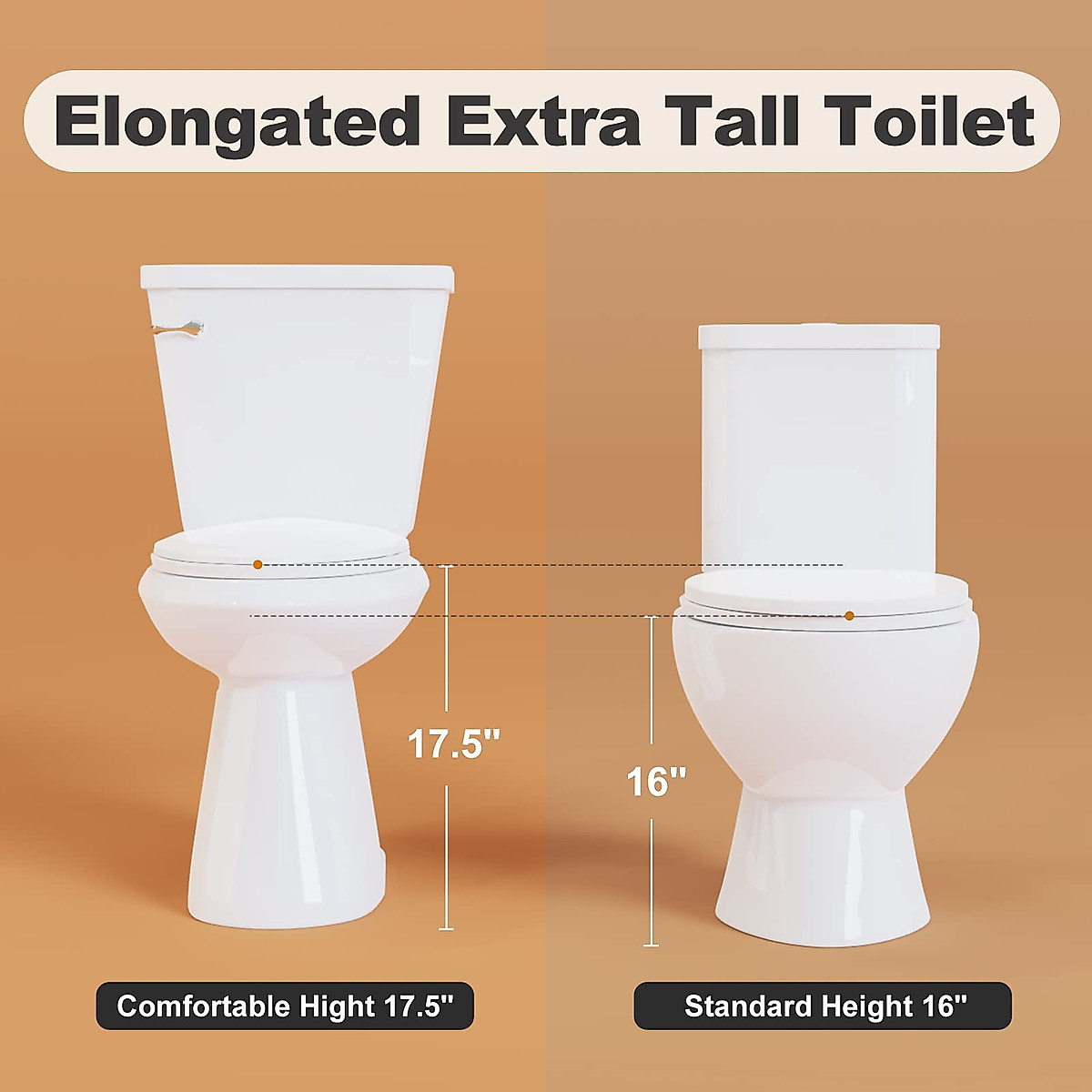 17.5" Extra Tall Toilets, 12" Rough-in Tall Toilet | Toilets For Bathrooms Comfort Height Elongated, 1.28gpf Single Flush Two Piece Toilet Extra High Toilets For Seniors & Disabled & Pregnant Women