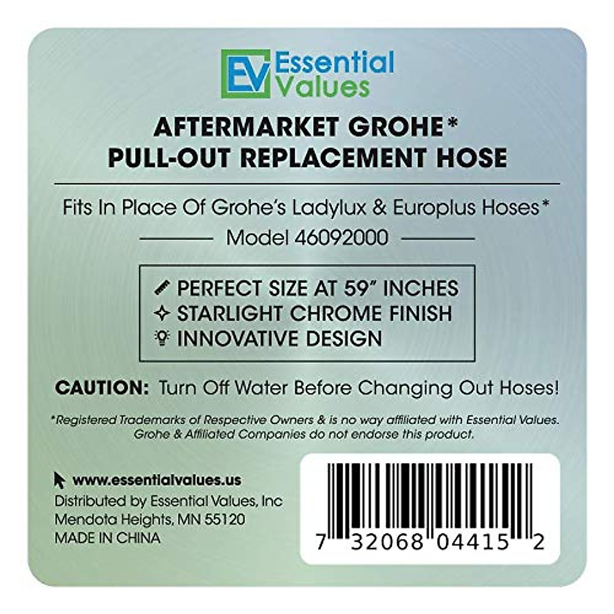 Essential Values Pull Out Replacement Hose 46092000 (59” Inches), Replacement for Grohe Hand Shower Faucets only | Fits Ladylux, Euro Plus & More Models Light Beautiful| Chrome Finish